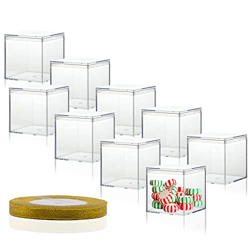 20 Pcs Clear Plastic Square Cube, 2.16x2.16x2.16" Small Acrylic Plastic Storage Box with Lids Transparent Clear Square Containers Display Boxes Gift Box with Glitter Ribbon for Candy Pill Jewelry Christmas