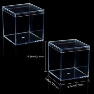 20 Pcs Clear Plastic Square Cube, 2.16x2.16x2.16" Small Acrylic Plastic Storage Box with Lids Transparent Clear Square Containers Display Boxes Gift Box with Glitter Ribbon for Candy Pill Jewelry Christmas