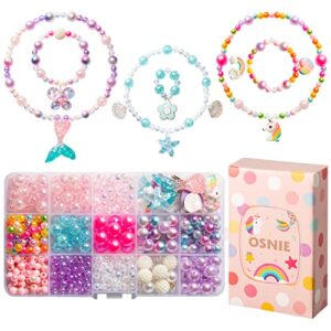 osnie diy bead jewelry making kit for kids girls with mermaid starfish shell unicorn rainbow butterfly heart pearl charms beads for bracelets rings necklaces creativity beading kits art craft, 400pcs+