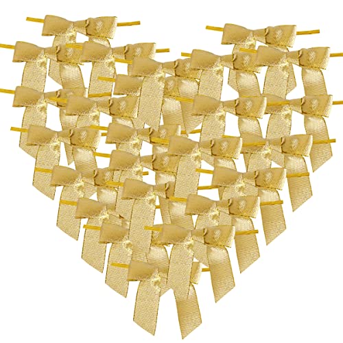 Micomon Metallic Gold Bows for Crafts Pretaied Christmas Bows with Twist Ties Hot Cut Tails for Gift Wrapping Packing Christmas Decoration (Gold,50pcs)