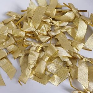 Micomon Metallic Gold Bows for Crafts Pretaied Christmas Bows with Twist Ties Hot Cut Tails for Gift Wrapping Packing Christmas Decoration (Gold,50pcs)