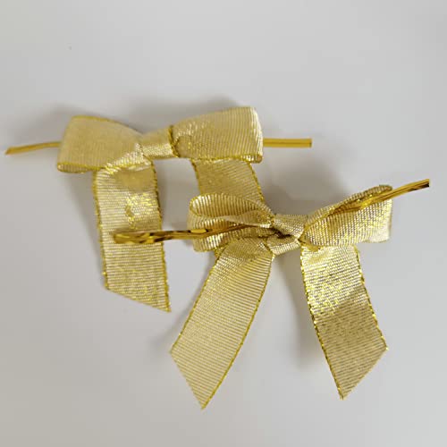 Micomon Metallic Gold Bows for Crafts Pretaied Christmas Bows with Twist Ties Hot Cut Tails for Gift Wrapping Packing Christmas Decoration (Gold,50pcs)