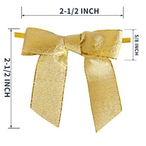 Micomon Metallic Gold Bows for Crafts Pretaied Christmas Bows with Twist Ties Hot Cut Tails for Gift Wrapping Packing Christmas Decoration (Gold,50pcs)