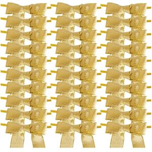 Micomon Metallic Gold Bows for Crafts Pretaied Christmas Bows with Twist Ties Hot Cut Tails for Gift Wrapping Packing Christmas Decoration (Gold,50pcs)