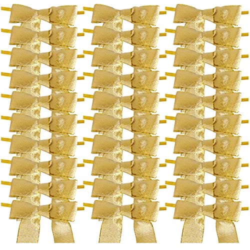 Micomon Metallic Gold Bows for Crafts Pretaied Christmas Bows with Twist Ties Hot Cut Tails for Gift Wrapping Packing Christmas Decoration (Gold,50pcs)