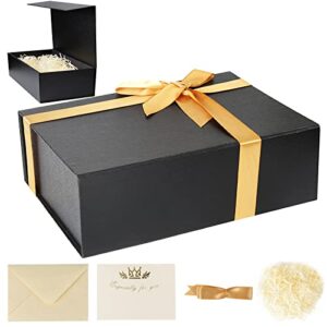 gift box with lid black magnetic close decorative boxes for christmas thanksgiving birthday wedding bridesmaid with gift card, envelope, ribbon, shredded paper filler (11″x 8.07″x 4.13″ 1 pcs)