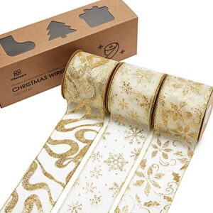 vitalizart christmas ribbon gold wired organza sheer ribbon 2.5 inch x 10 yards glitter snowflake for tree decoration gift wrapping crafts wreath topper bow wedding invitations bridal bouquets