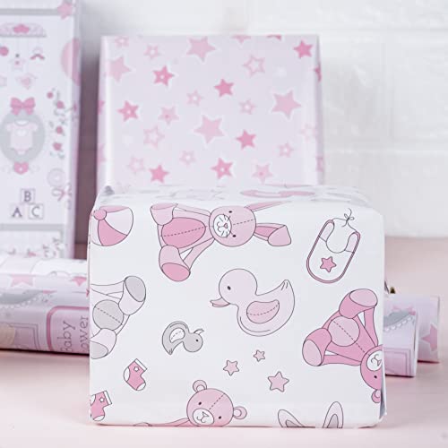 LeZakaa Baby Shower Wrapping Paper - Mini Roll - Bear Toy/Balloon, Baby/Star Print in Pink for Baby Girl - 17 x 120 inches - 3 Rolls (42.5 sq.ft.ttl.)