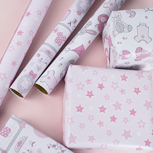 LeZakaa Baby Shower Wrapping Paper - Mini Roll - Bear Toy/Balloon, Baby/Star Print in Pink for Baby Girl - 17 x 120 inches - 3 Rolls (42.5 sq.ft.ttl.)