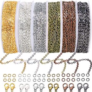 jishi chains jewelry making supplies, 60ft cable link chains for making jewelry necklace earring bracelet findings diy craft kit for adults, 6-color 2mm gold silver copper plated metal link rolls bulk