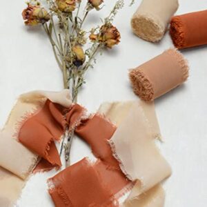 Socomi Handmade Fringe Chiffon Silk Ribbon 1-3/4" x 7Yd 3 Rolls Frayed Ribbon Set for Wedding Invitations Bridal Bouquets Terracotta