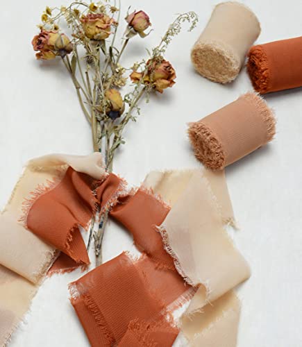 Socomi Handmade Fringe Chiffon Silk Ribbon 1-3/4" x 7Yd 3 Rolls Frayed Ribbon Set for Wedding Invitations Bridal Bouquets Terracotta