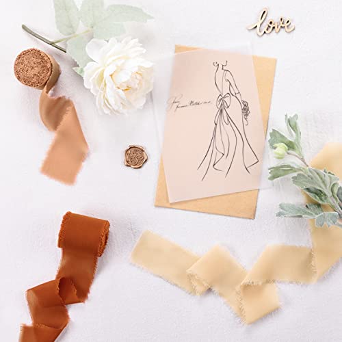 Socomi Handmade Fringe Chiffon Silk Ribbon 1-3/4" x 7Yd 3 Rolls Frayed Ribbon Set for Wedding Invitations Bridal Bouquets Terracotta