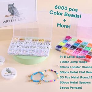 The Artist Life 6000 Clay Heishi Beads Bracelet Making Kit, 24 Colors with 1000+ Letters & Decorative Beads, 6mm Flat Polymer Clay Beads, DIY Jewelry Making Kit, Craft Kit, Bracelets, Necklaces