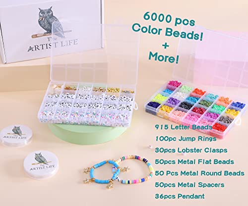 The Artist Life 6000 Clay Heishi Beads Bracelet Making Kit, 24 Colors with 1000+ Letters & Decorative Beads, 6mm Flat Polymer Clay Beads, DIY Jewelry Making Kit, Craft Kit, Bracelets, Necklaces