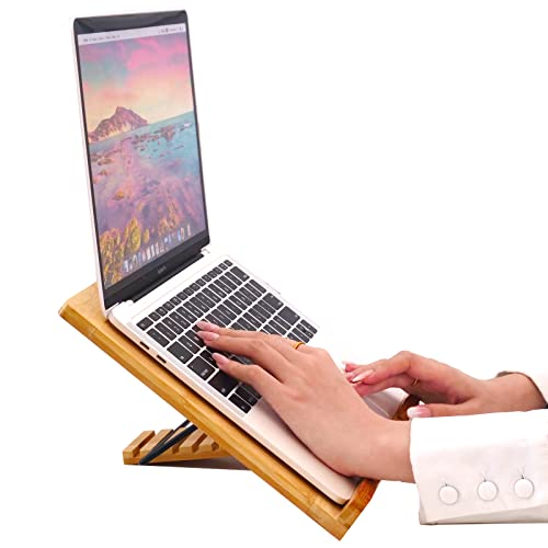 Bamboo Laptop Stand, COIWAI Tablet Stand Book with Angle Adjustable, Foldable Page Holders Desktop for Cookbook Reading Music Document Art Easel, Porable Stand Compatible Notebook MacBook iPad