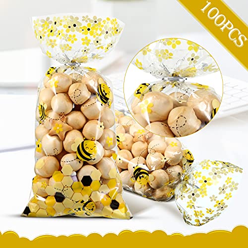 Outus 100 Pieces Bee Party Bags Treat Bags Yellow Honey Bee Cellophane Plastic Candy Bags Goodie Bags Bee Party Favor Bags with 100 Silver Twist Ties for Kid Bee Birthday Party Baby Shower Party Supplies