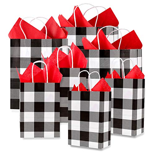 Whaline 24 Pack Christmas Buffalo Plaid Bags with 24 Sheets 20 x 20 Red Tissue Paper, White and Black Kraft Paper Bags Gift Wrapping Set for Holiday Party, Wedding and Gift Giving