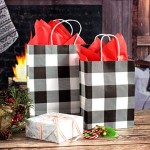 Whaline 24 Pack Christmas Buffalo Plaid Bags with 24 Sheets 20 x 20 Red Tissue Paper, White and Black Kraft Paper Bags Gift Wrapping Set for Holiday Party, Wedding and Gift Giving