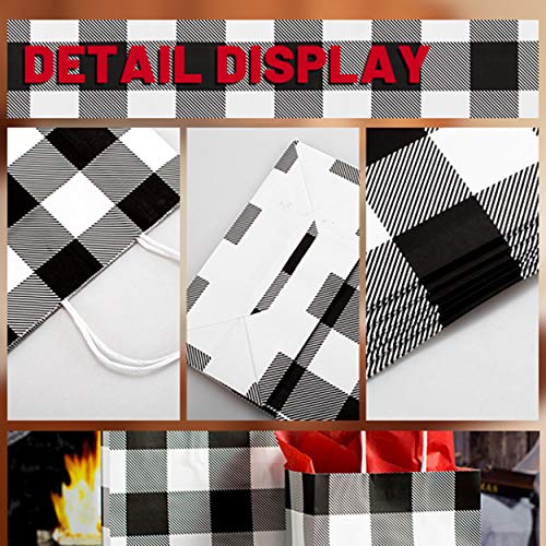 Whaline 24 Pack Christmas Buffalo Plaid Bags with 24 Sheets 20 x 20 Red Tissue Paper, White and Black Kraft Paper Bags Gift Wrapping Set for Holiday Party, Wedding and Gift Giving