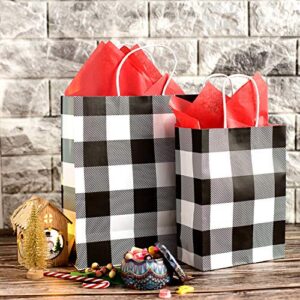 Whaline 24 Pack Christmas Buffalo Plaid Bags with 24 Sheets 20 x 20 Red Tissue Paper, White and Black Kraft Paper Bags Gift Wrapping Set for Holiday Party, Wedding and Gift Giving