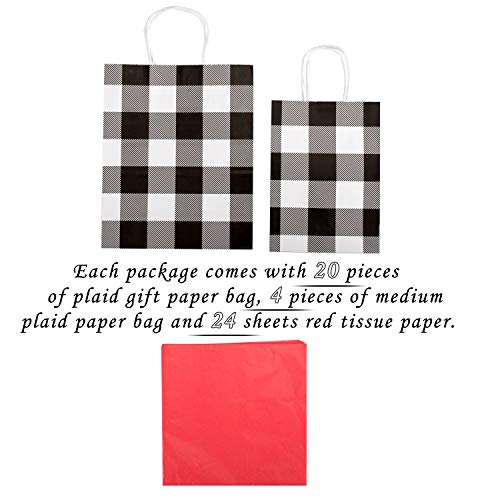 Whaline 24 Pack Christmas Buffalo Plaid Bags with 24 Sheets 20 x 20 Red Tissue Paper, White and Black Kraft Paper Bags Gift Wrapping Set for Holiday Party, Wedding and Gift Giving