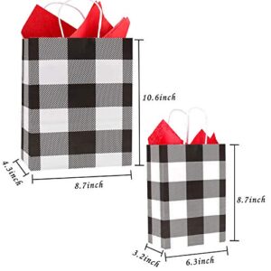 Whaline 24 Pack Christmas Buffalo Plaid Bags with 24 Sheets 20 x 20 Red Tissue Paper, White and Black Kraft Paper Bags Gift Wrapping Set for Holiday Party, Wedding and Gift Giving