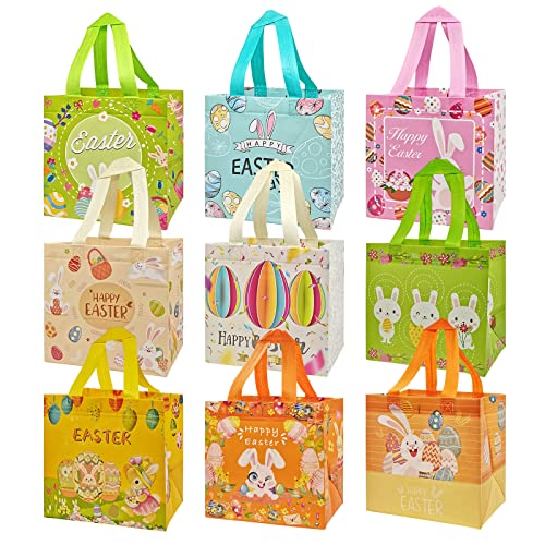 M-Sorflly Easter Bags（9Pcs）- Easter Gift Bags for Kids with Handles, Small Easter Egg Hunt Bags, Reusable Non-Woven Bunny Tote Bags for Easter Treat, Game & Party Supplies Size 8 * 8 * 6inches