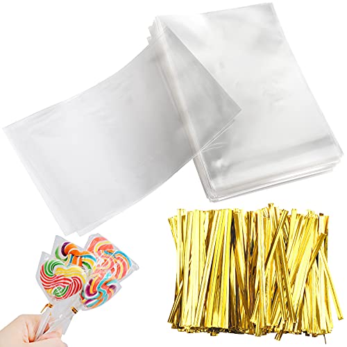 Augshy Cake Pop Bags, 300 Pcs 4x6 Treat Cello Bags for lollipop with 300 Twist Ties, 1.4 mils Thickness OPP Plastic Bags for Lollipop Candy Chocolate Cookie Wrapping