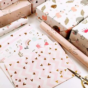 MAMUNU 6 Sheets Gift Wrapping Paper, Pink and Gold Folded Wrapping Paper with Heart, Bunny, Rainbow, Flamingo and Crown Designs for Women Girls Kids Birthday, Valentine's Day, Wedding, Baby Shower 50x70CM