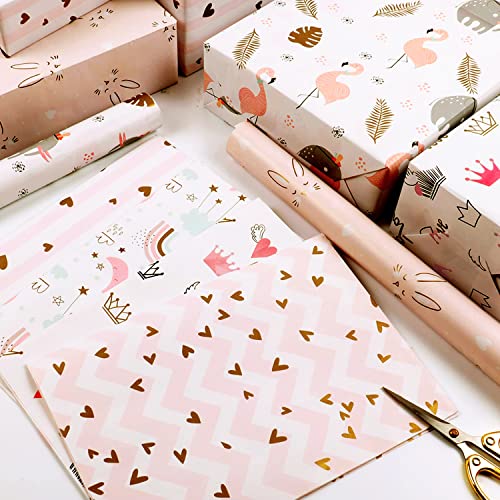 MAMUNU 6 Sheets Gift Wrapping Paper, Pink and Gold Folded Wrapping Paper with Heart, Bunny, Rainbow, Flamingo and Crown Designs for Women Girls Kids Birthday, Valentine's Day, Wedding, Baby Shower 50x70CM