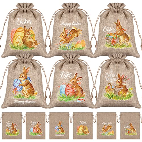 Whaline 24Pcs Easter Burlap Gift Bag Linen Jute Drawstring Bag 5.9 x 7.9 Inch Easter Bunny Rabbit Gift Pouch Bag Rustic Hunt Bag for Party Favor DIY Craft