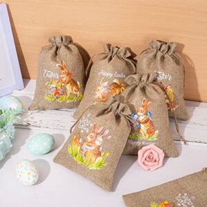 Whaline 24Pcs Easter Burlap Gift Bag Linen Jute Drawstring Bag 5.9 x 7.9 Inch Easter Bunny Rabbit Gift Pouch Bag Rustic Hunt Bag for Party Favor DIY Craft