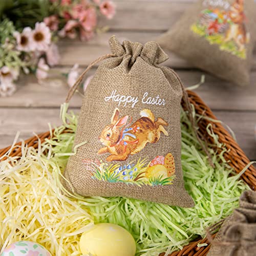 Whaline 24Pcs Easter Burlap Gift Bag Linen Jute Drawstring Bag 5.9 x 7.9 Inch Easter Bunny Rabbit Gift Pouch Bag Rustic Hunt Bag for Party Favor DIY Craft