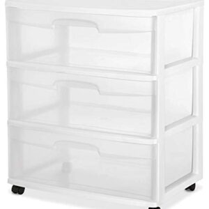 Sterilite Wide 3 Drawer Rolling Storage Cart Container with Casters For Bedroom, Dorm. and Kitchen, Clear Drawers and White Frame, (2 Pack)