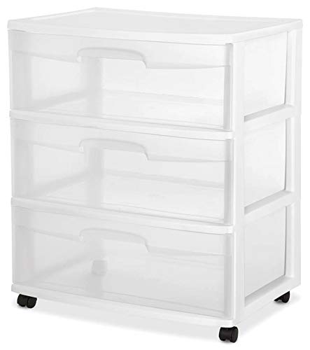 Sterilite Wide 3 Drawer Rolling Storage Cart Container with Casters For Bedroom, Dorm. and Kitchen, Clear Drawers and White Frame, (2 Pack)