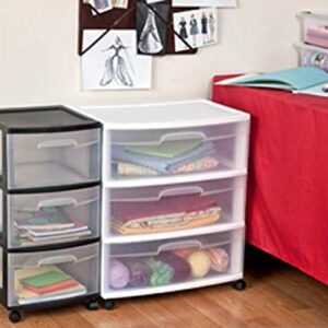 Sterilite Wide 3 Drawer Rolling Storage Cart Container with Casters For Bedroom, Dorm. and Kitchen, Clear Drawers and White Frame, (2 Pack)