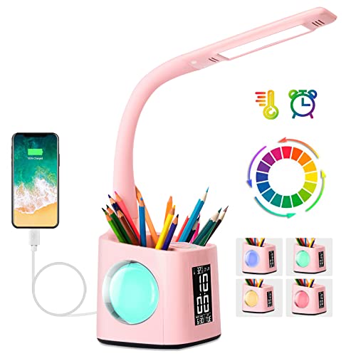 wanjiaone LED Desk Lamp with Clock,Color Changing Nightlight,Study Lamp with Pen Holder,Desk Light with USB Charger,Table Light for Home,Office,Gift for Kids,Students,Women,3 Brightness Levels,Pink