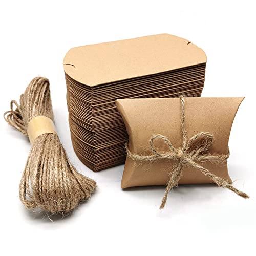 Kraft Paper Pillow Candy Box, Foldable Gift Box with Jute Rope for Weddings, Parties, Birthdays, Holidays, 60 Pcs