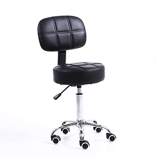 KKTONER Round Rolling Stool with Back PU Leather Height Adjustable Swivel Drafting Work SPA Salon Stools Chair with Wheels (Black)