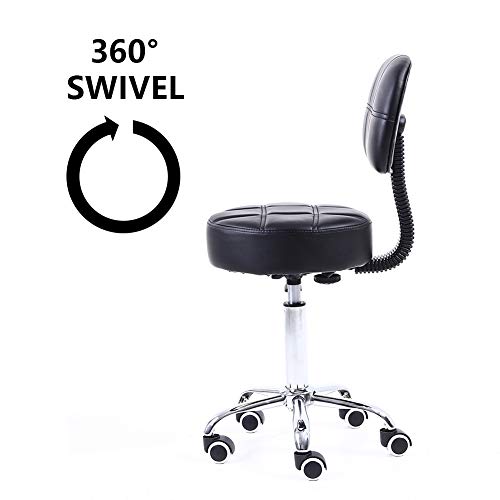 KKTONER Round Rolling Stool with Back PU Leather Height Adjustable Swivel Drafting Work SPA Salon Stools Chair with Wheels (Black)