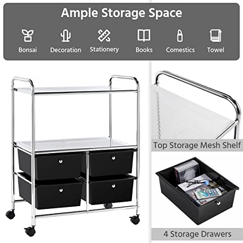 Yaheetech Rolling Storage Cart with 4 Drawers 2 Shelves Plastic Trolley on Wheels for Home Office School Beauty Salon, Black