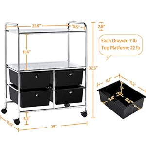 Yaheetech Rolling Storage Cart with 4 Drawers 2 Shelves Plastic Trolley on Wheels for Home Office School Beauty Salon, Black