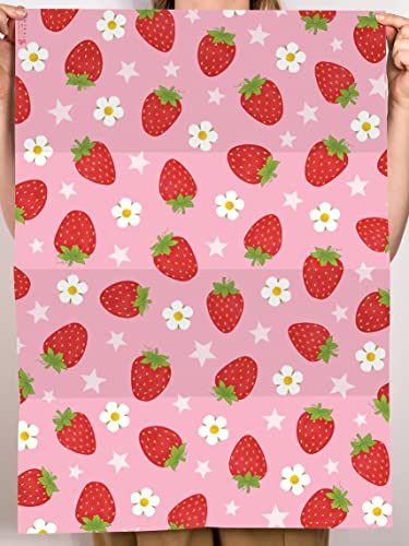 CENTRAL 23 Baby Shower Wrapping Paper for Girl - 6 Sheets of Pink Gift Wrap - Strawberry Flowers Star - Birthday Wrapping Paper for Girls - Comes with Fun Sticker