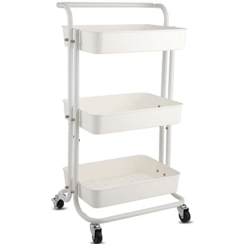 BATHWA 3-Tier Rolling Utility Cart Storage Shelves Multifunction Storage Trolley Service Cart with Mesh Basket Handles and Wheels Easy Assembly for Bathroom, Kitchen, Office(White)