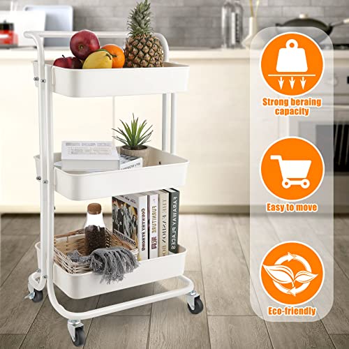 BATHWA 3-Tier Rolling Utility Cart Storage Shelves Multifunction Storage Trolley Service Cart with Mesh Basket Handles and Wheels Easy Assembly for Bathroom, Kitchen, Office(White)