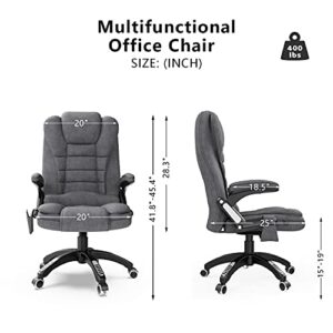 Ergonomic Massage Office Chair with Heated, Linen Fabric High Back Executive 6 Pointed Vibrating Computer Gaming Chair with Lumbar Support, Adjustable Back Recline Swivel 360° Desk Chair, Grey