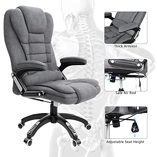 Ergonomic Massage Office Chair with Heated, Linen Fabric High Back Executive 6 Pointed Vibrating Computer Gaming Chair with Lumbar Support, Adjustable Back Recline Swivel 360° Desk Chair, Grey