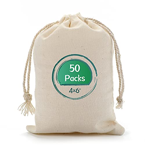 Sarasweet Cotton Muslin Drawstring Bags,Reusable Fabric Sachet Bag (4 by 6 Inches) Cloth Party Favor Gift Bags for Party Wedding Storage Home Supplies,50 Pieces Cotton Pouches