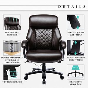 Big and Tall Office Chair 400lbs-Heavy Duty Executive Desk Chair with Extra Wide Seat, High Back Ergonomic Leather Computer Chair with Tilt Rock&Tension, Padded Armrests-Diamond Brown